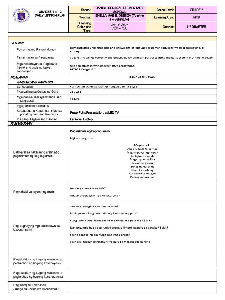DLP - MTB (Shella Mae E. Obenza) Grade 2 Day 1 | PDF