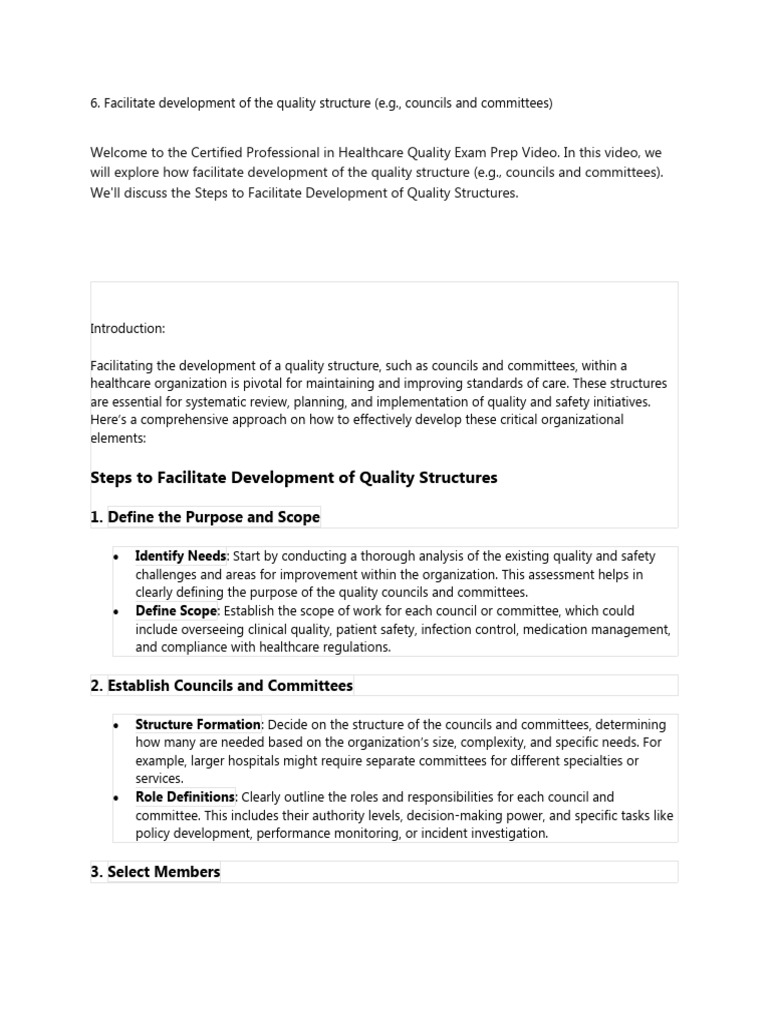 Facilitate Development of The Quality Structure (E.g., Councils and ...