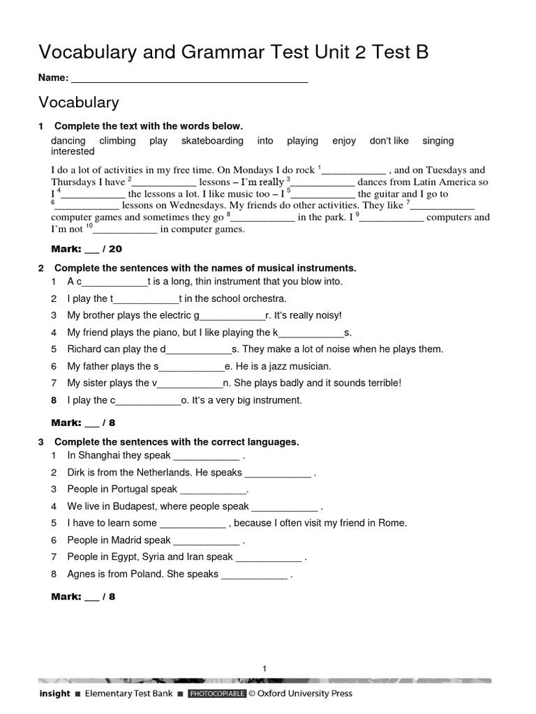 Vocabulary Grammar Unit 2 Test B | PDF | Adverb | Linguistics