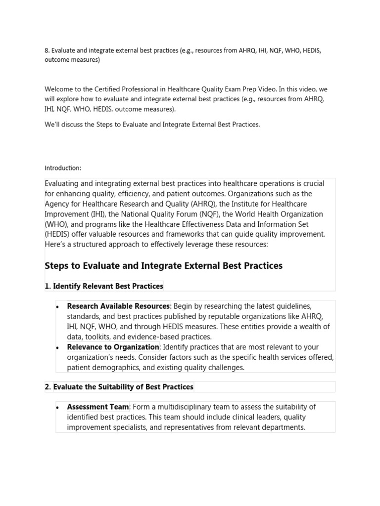 8. Evaluate and integrate external best practices (e.g., resources from AHRQ, IHI, NQF, WHO ...