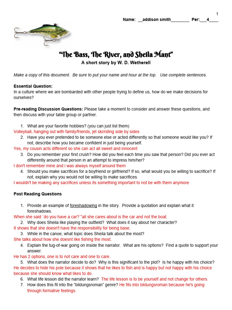 Copy of "The Bass, The River, and Sheila Mant" Essential Questions | PDF