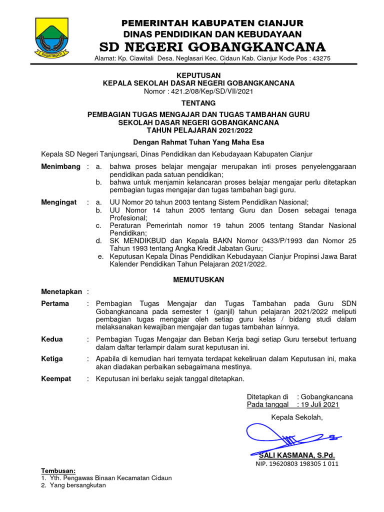 SK Pembagian Tugas Mengajar 2021 | PDF