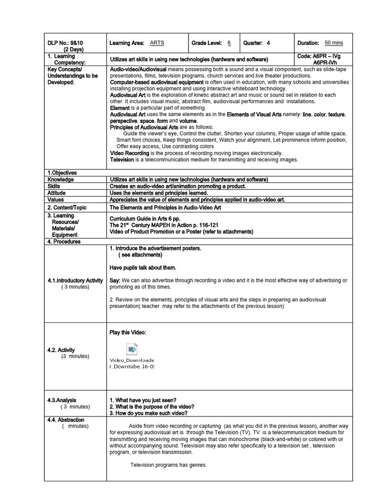 Mapeh6 Arts DLP 6 | PDF | Television | Video