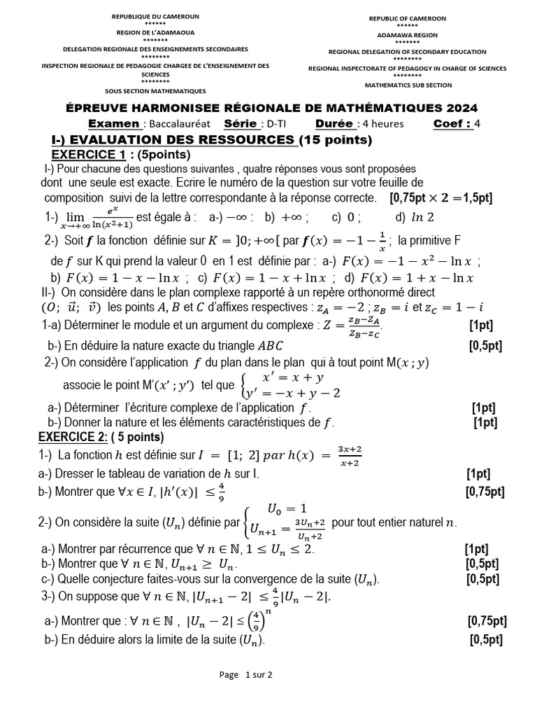 Épreuve de Maths Bac D 2024 | PDF | Asymptote | Analyse mathématique