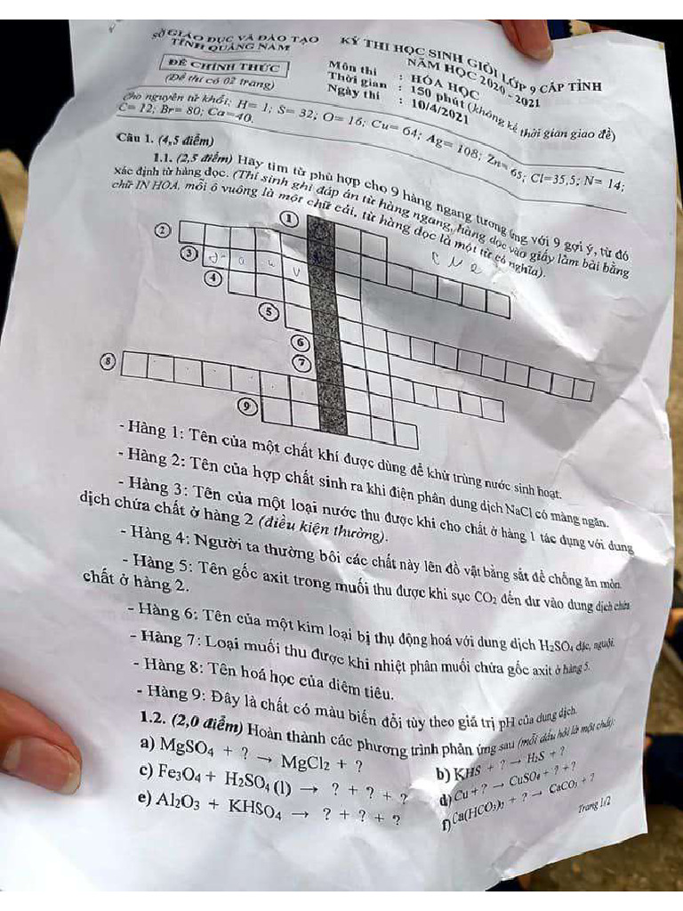 de HSG 9 Quang Nam Nam 2020 - 2021 | PDF