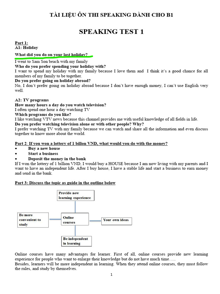 Speaking Test 1: Tài Liệu Ôn Thi Speaking Dành Cho B1 | PDF | Fast Food ...
