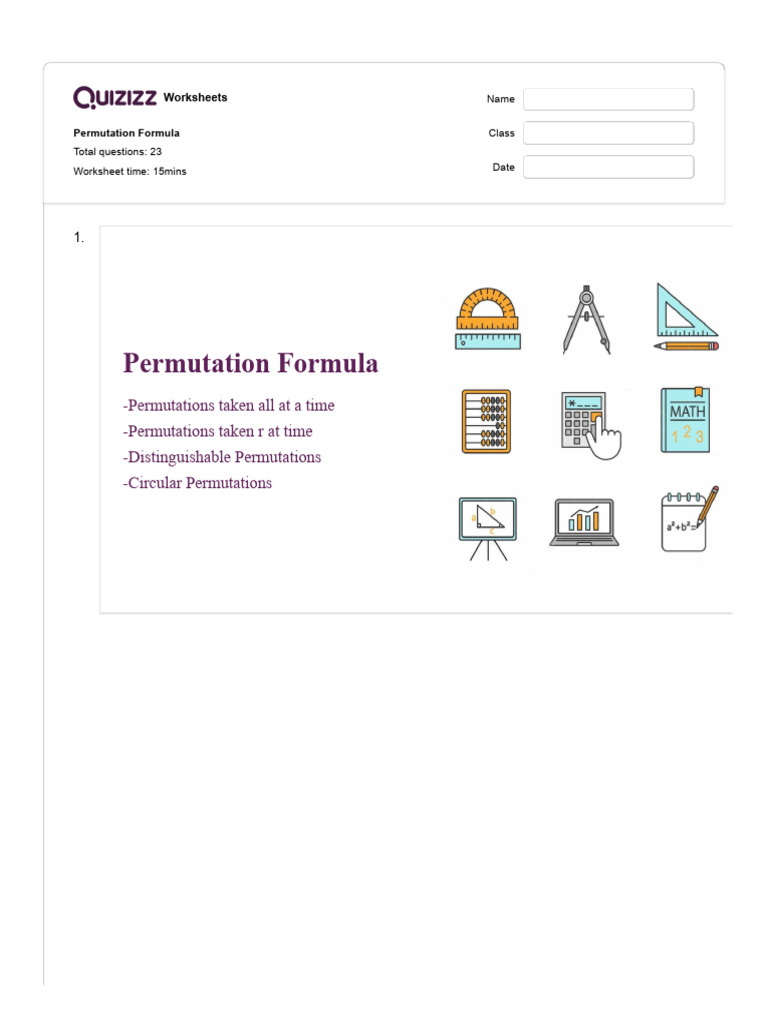 Permutation Formula - Quizizz | PDF | Permutation | Combinatorics Permutation Formula - Quizizz | PDF | Permutation | Combinatorics