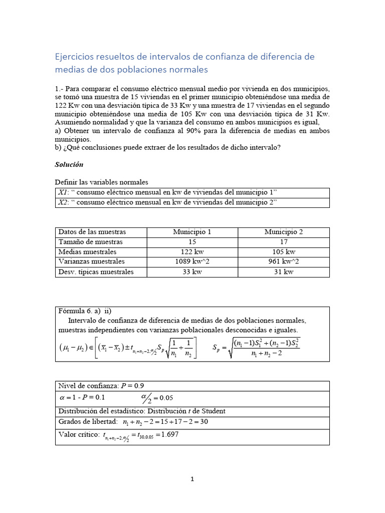 Ejercicios Resueltos de Int Conf de parámetros dos pob | PDF | Intervalo de confianza ...