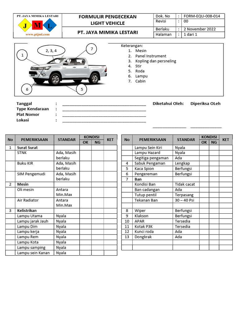 Formulir Pengecekan Mobil Hilux | PDF