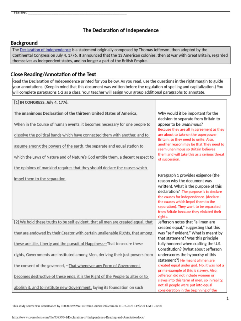 Declaration of Independence Analysis | PDF | United States Declaration ...