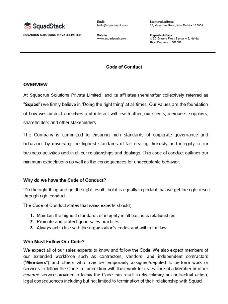 Squad Code of Conduct - Sales Experts | PDF | Bribery | Privacy