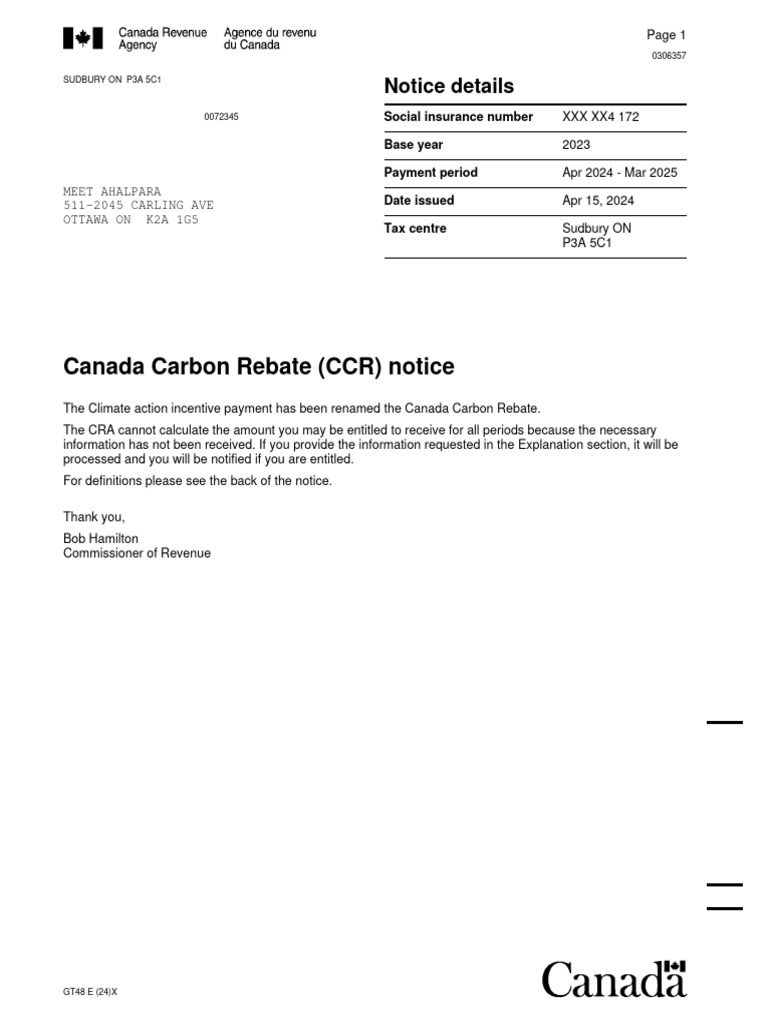Canada Carbon Rebate Notice 2024 | PDF | Tax Refund | Taxes