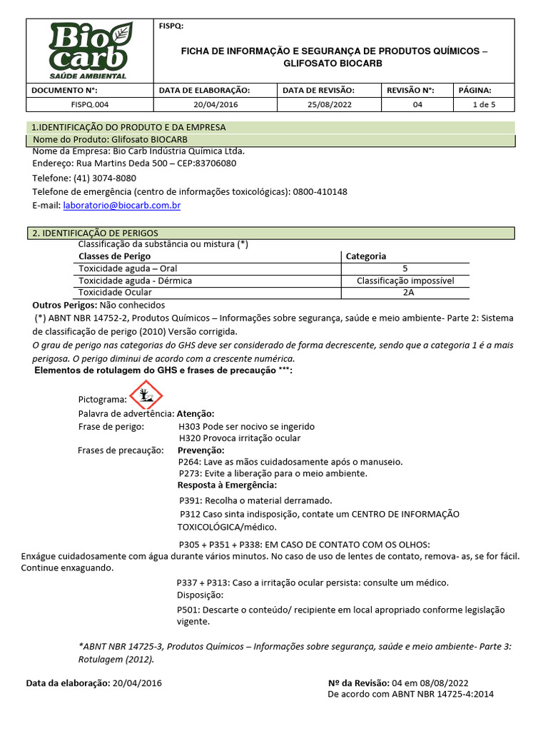 Fispq 004 Glifosato Bio Carb | PDF | Embalagem e rotulagem | Solubilidade