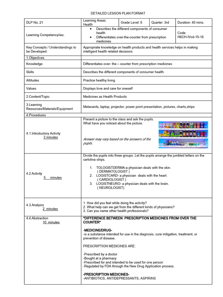 DLP Grade 6 Health 4th Quarter DLP 21 | PDF | Health Professional | Over The Counter Drug