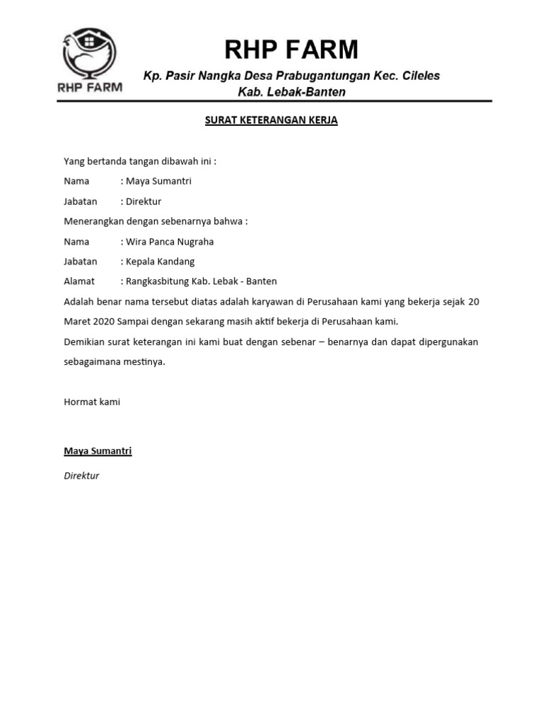 Surat Keterangan Kerja RHP Wira | PDF | Karier & Perkembangan