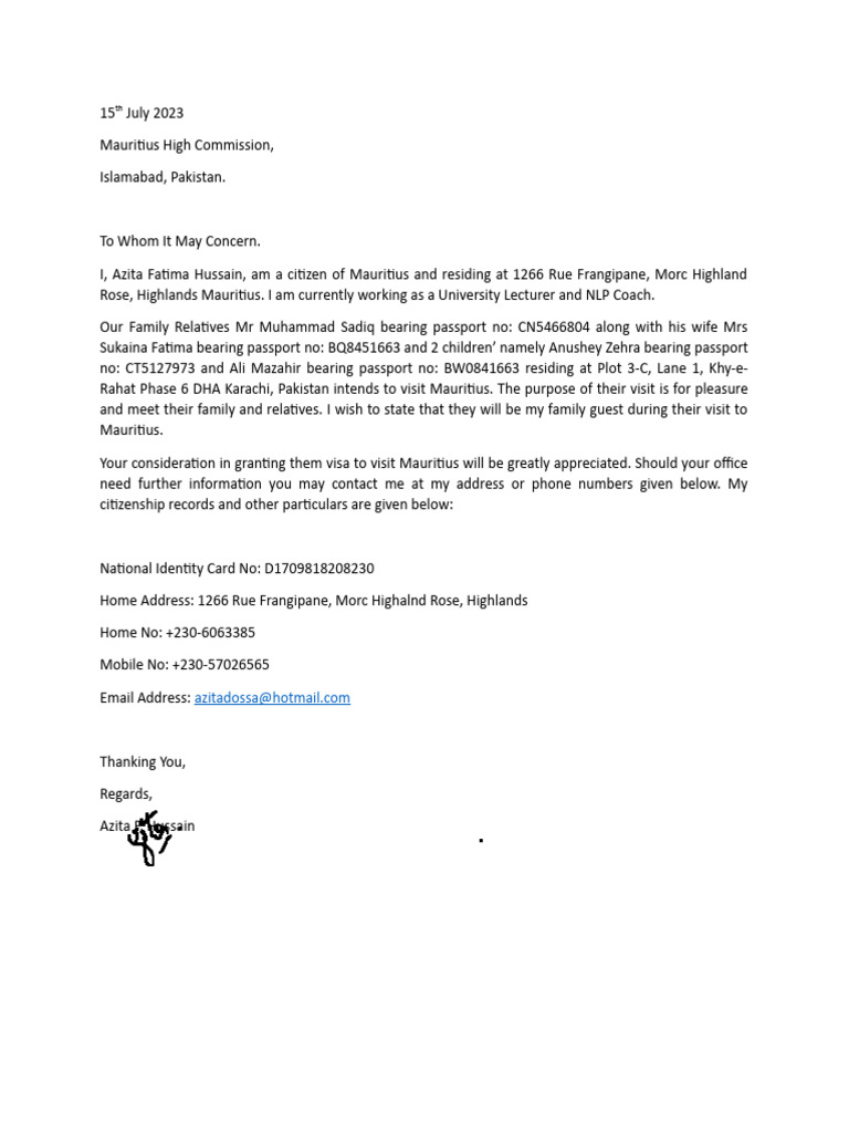 Mauritius Visa Support Letter | PDF | Politics