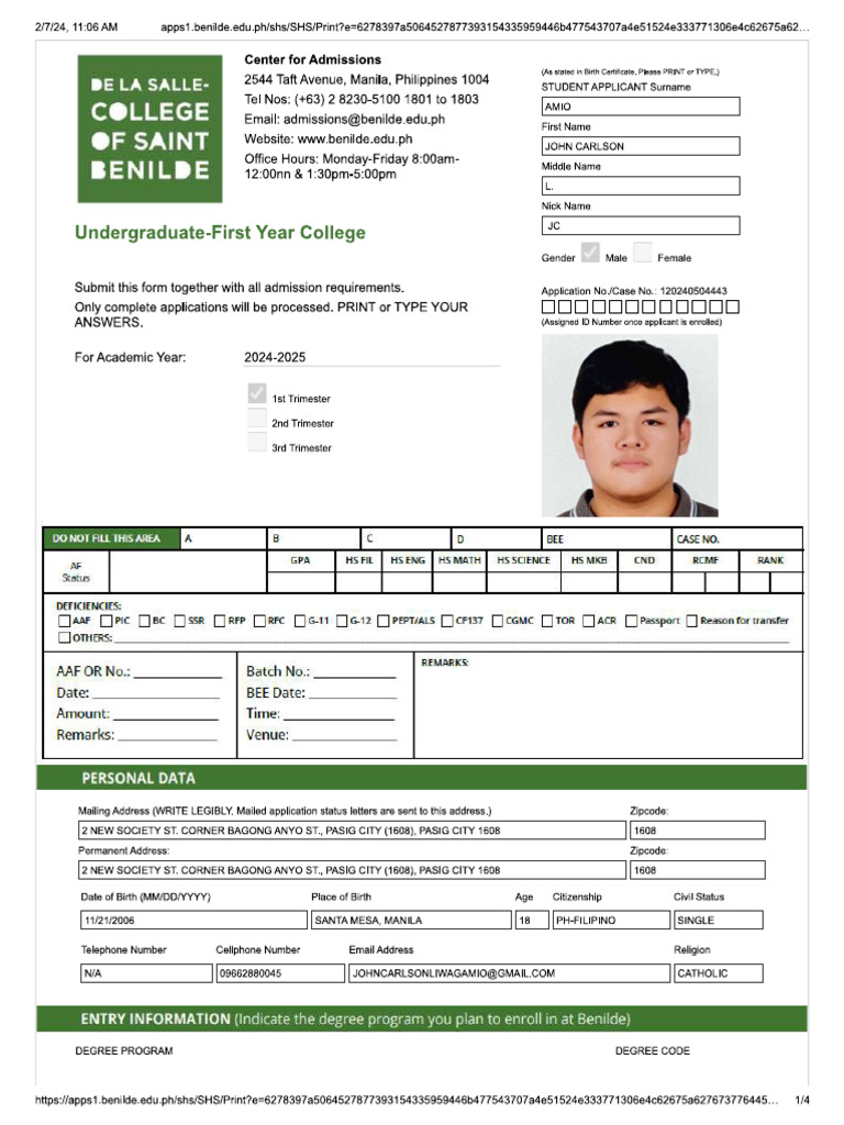 Signed Benilde Application Form - John Carlson L. Amio | PDF