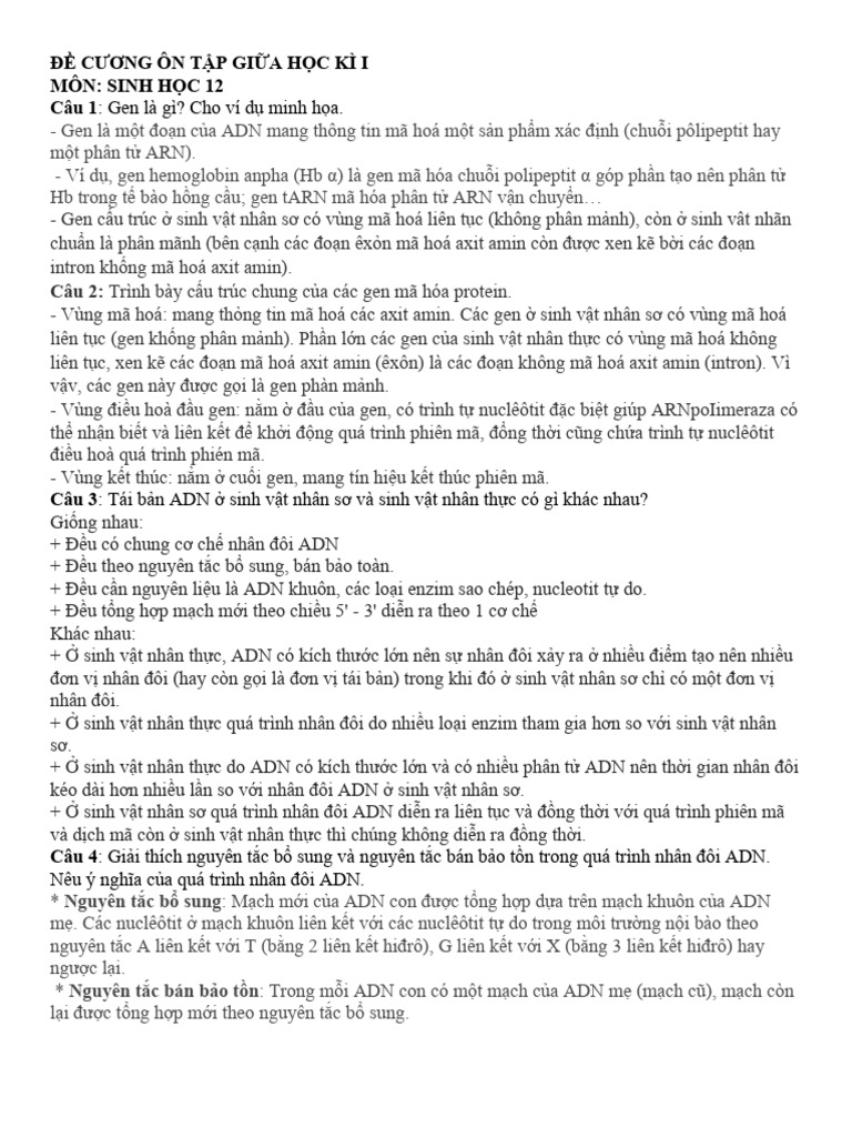 Đề cương Sinh 12 GHKI | PDF