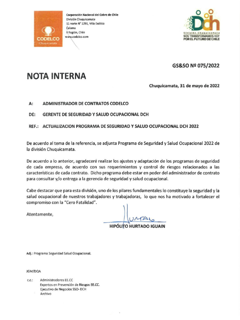 Nota Interna Actualizacion Programa SSO DCH 2022 | PDF