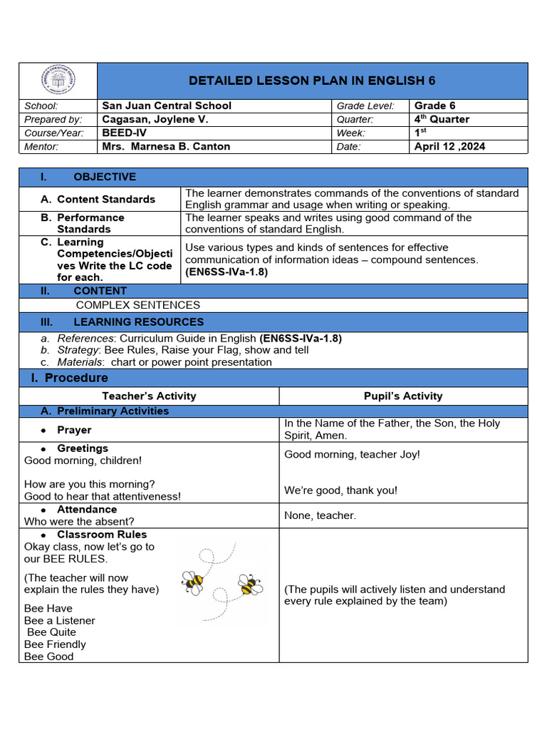 Grade 6 English Lesson Plan: Complex Sentences | PDF | Lesson Plan ...