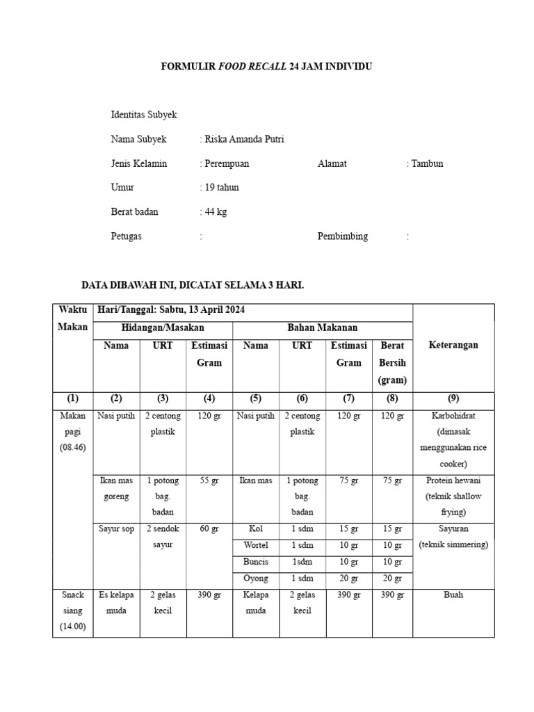 Food Recall 24 Jam | PDF