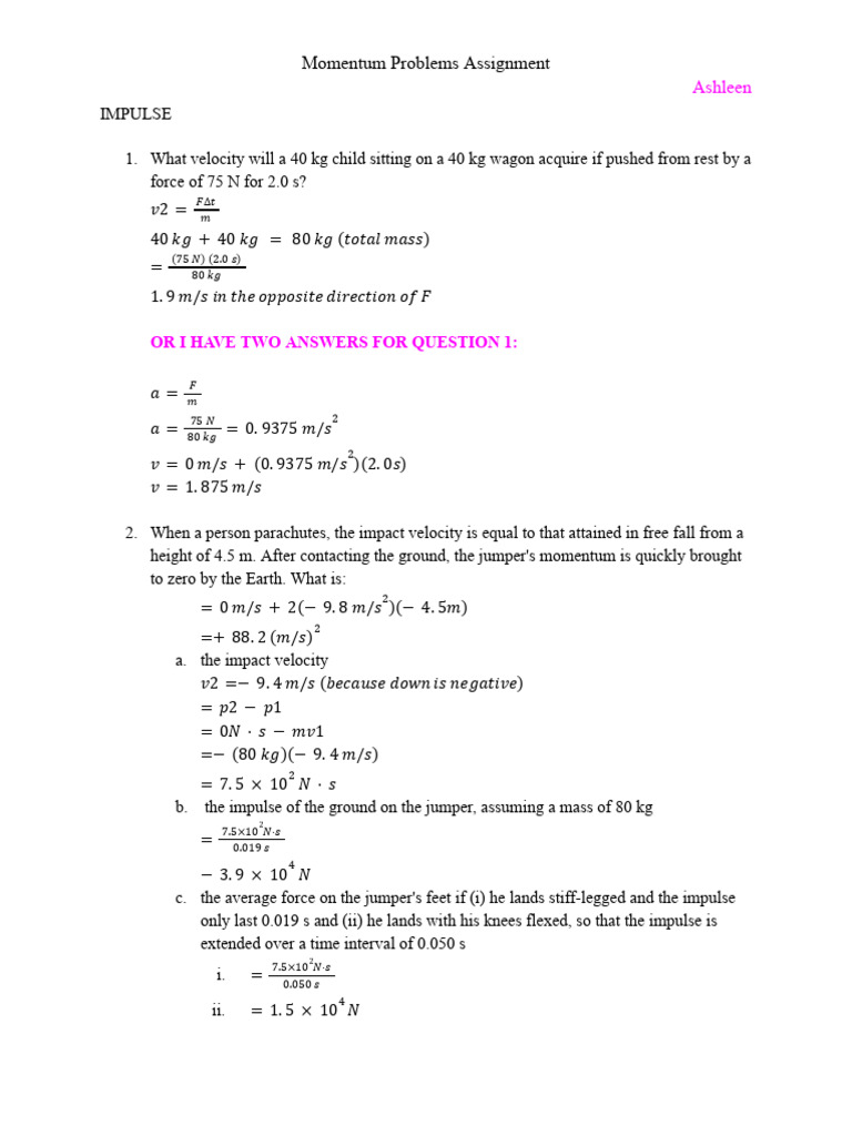 Momentum Problems Assignmentpdf | Download Free PDF | Force | Momentum