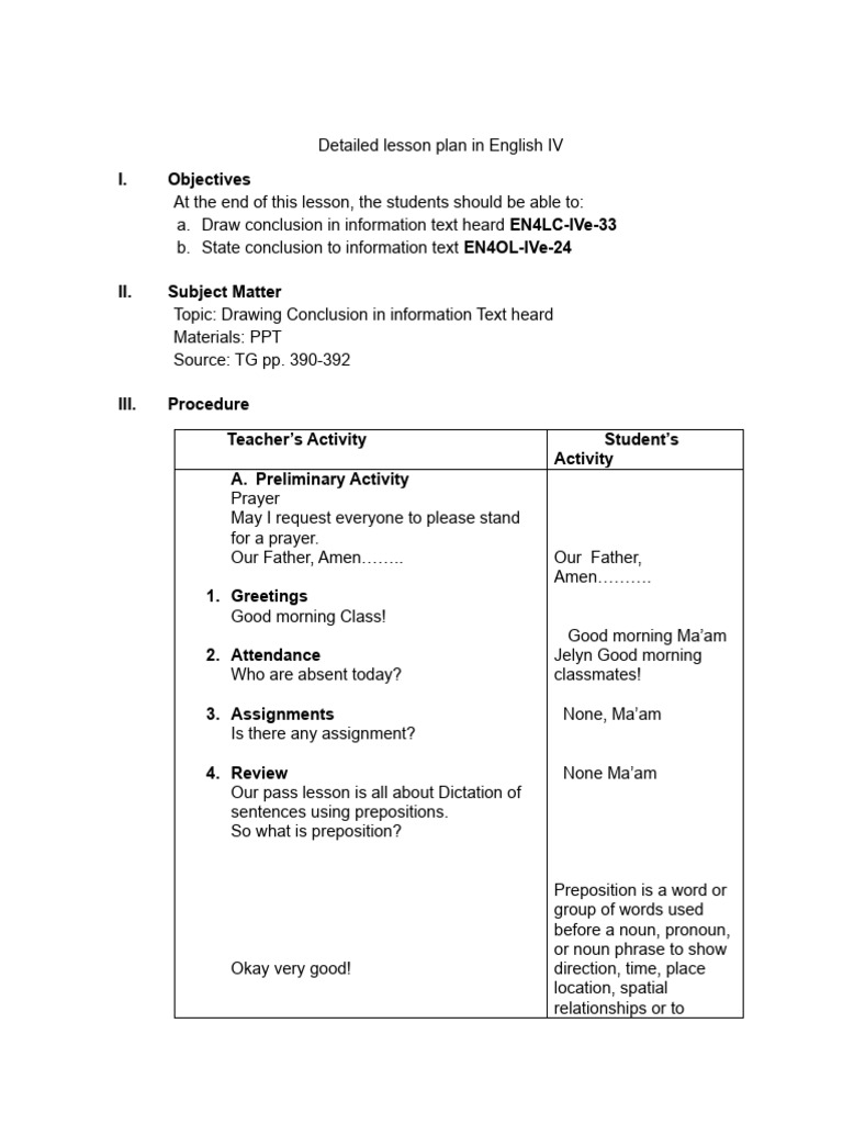 Lesson Plan: Drawing Conclusions in English | PDF | Preposition And ...