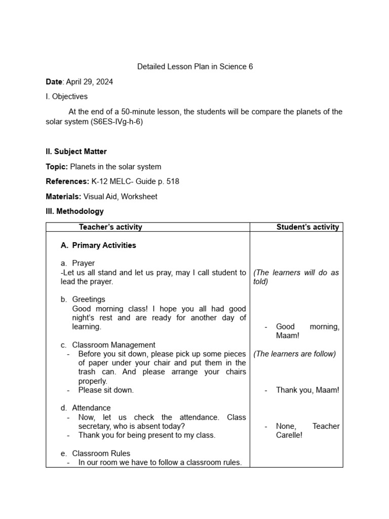 Science 6 Lesson Plan: Solar System Planets | PDF | Planets | Solar System