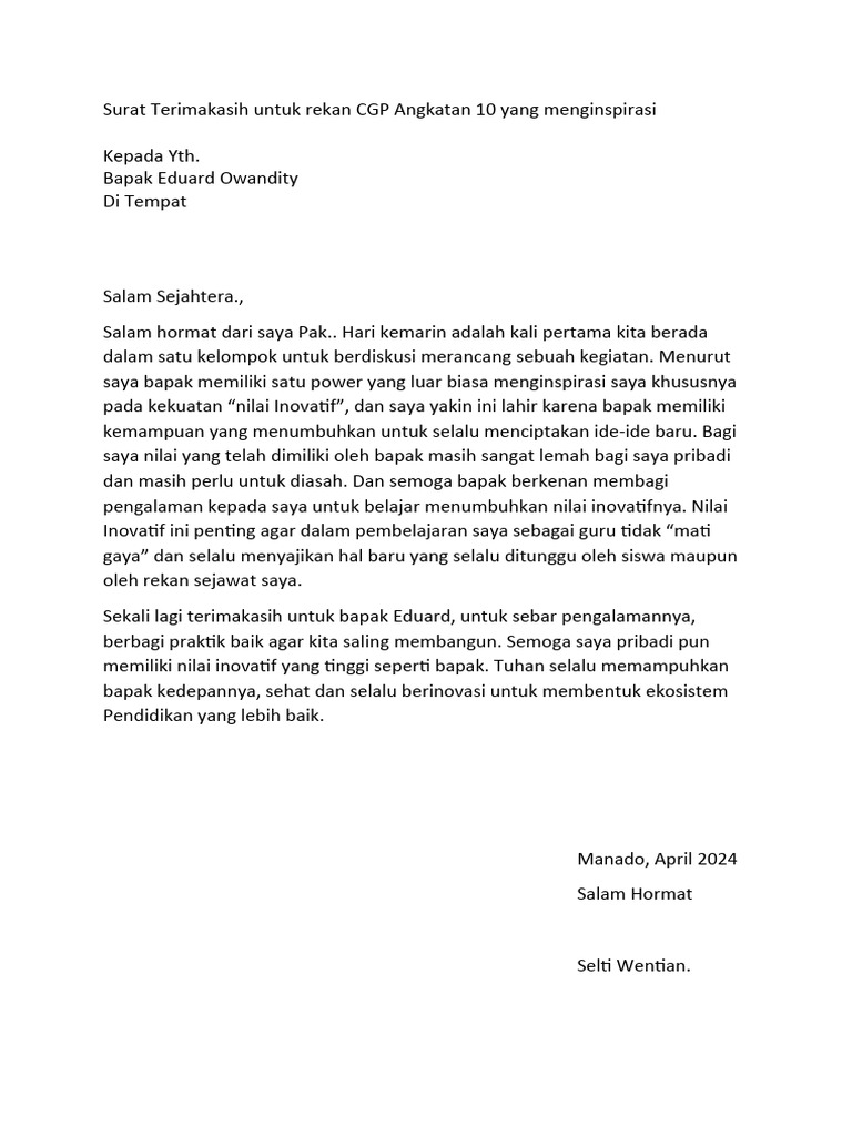 Surat Terimakasih Untuk Rekan Cgp Angkatan 10 Yang Menginspirasi Pdf
