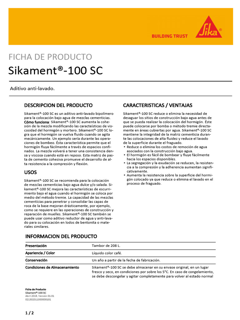 Sikament - 100 SC | PDF | Hormigón | Cemento