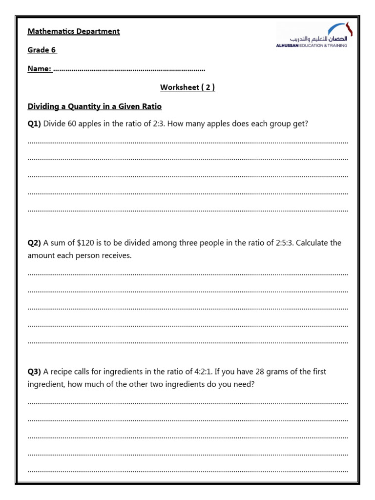Grade 6 Ratio Division Worksheet | PDF | Mathematics | Division ...
