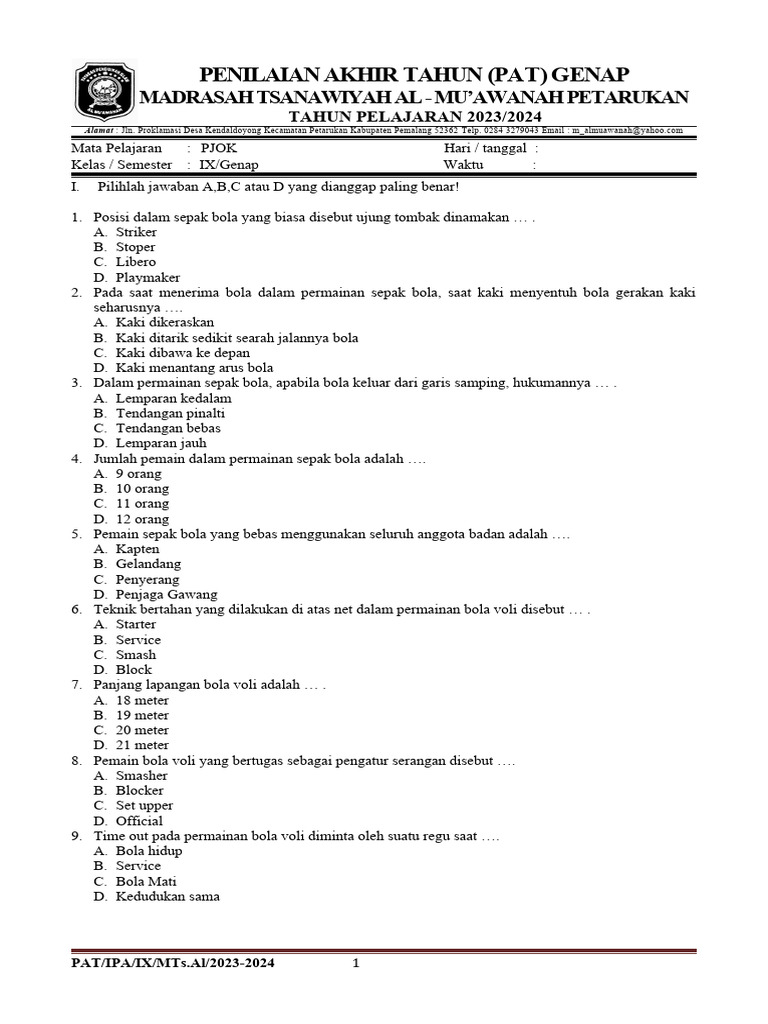 Soal Pat Pjok Kelas 9 2023-2024 | PDF