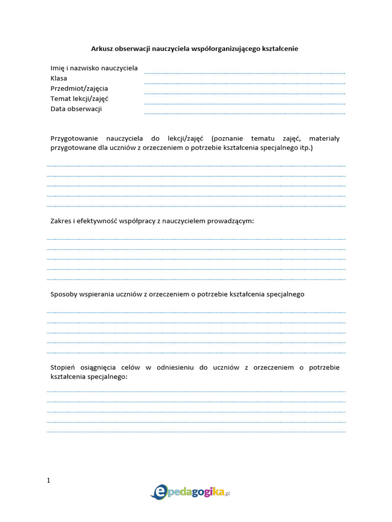 Arkusz Obserwacji Nauczyciela Wspolorganizujacego Ksztalcenie | PDF