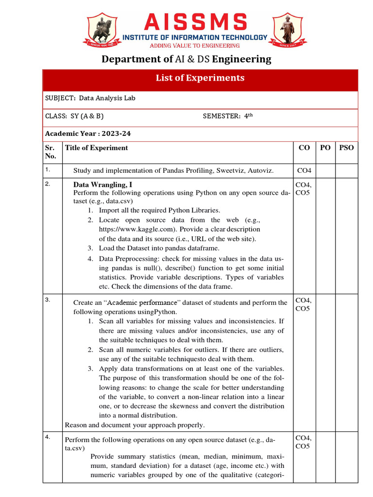List of Experiment - Data Analysis Lab | PDF | Statistics | Data