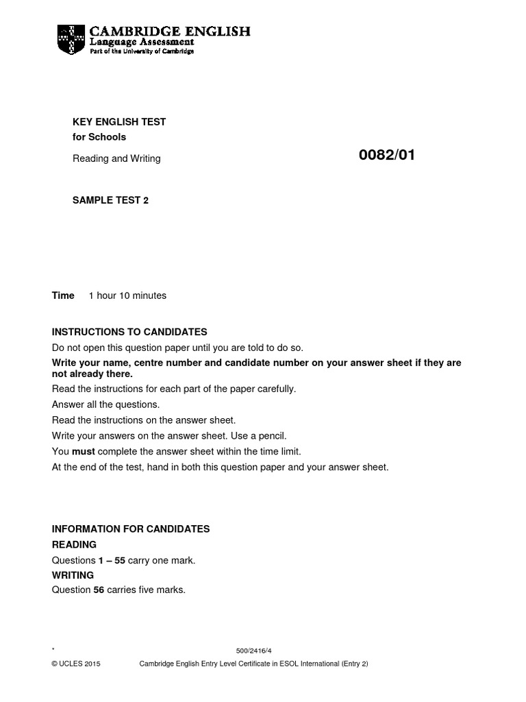 Cambridge English Key For Schools Sample Paper 2 Reading and Writing v2 ...