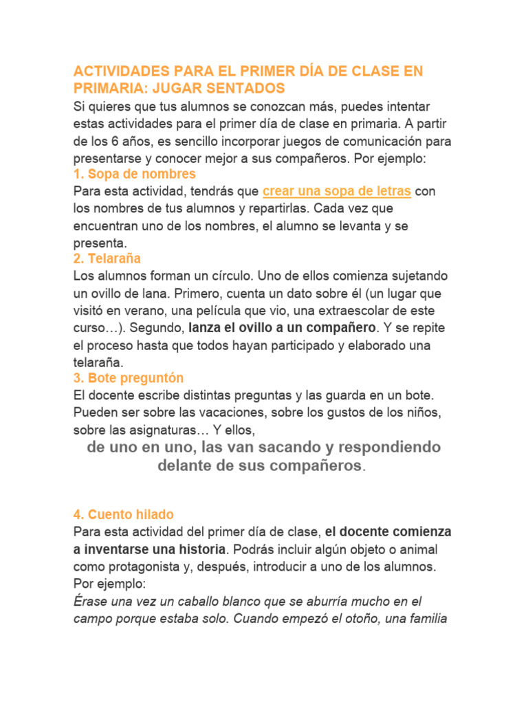 Actividades Para El Primer Día de Clase en Primaria | PDF