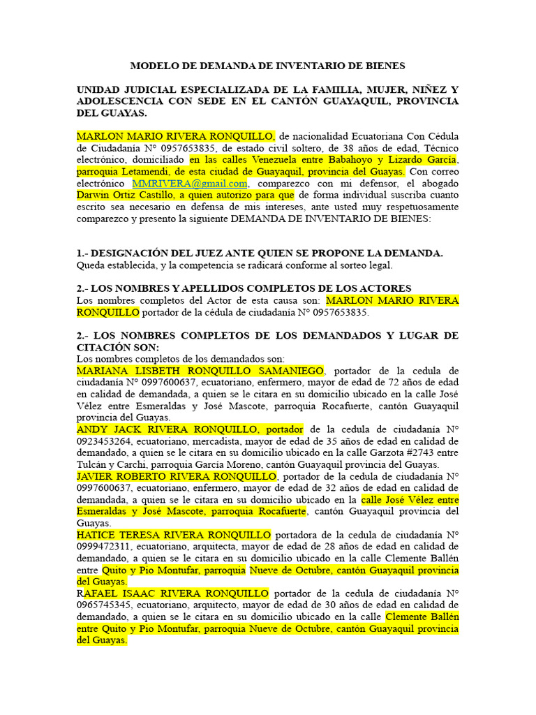 Demanda de Inventario de Bienes Sucesorios | PDF | Ecuador | Ley común