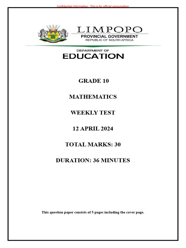 Grade 10 Mathematics Weekly Test | PDF | Mathematics