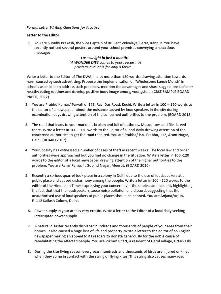 Class 10 Letter to Editor Practice Questions | PDF
