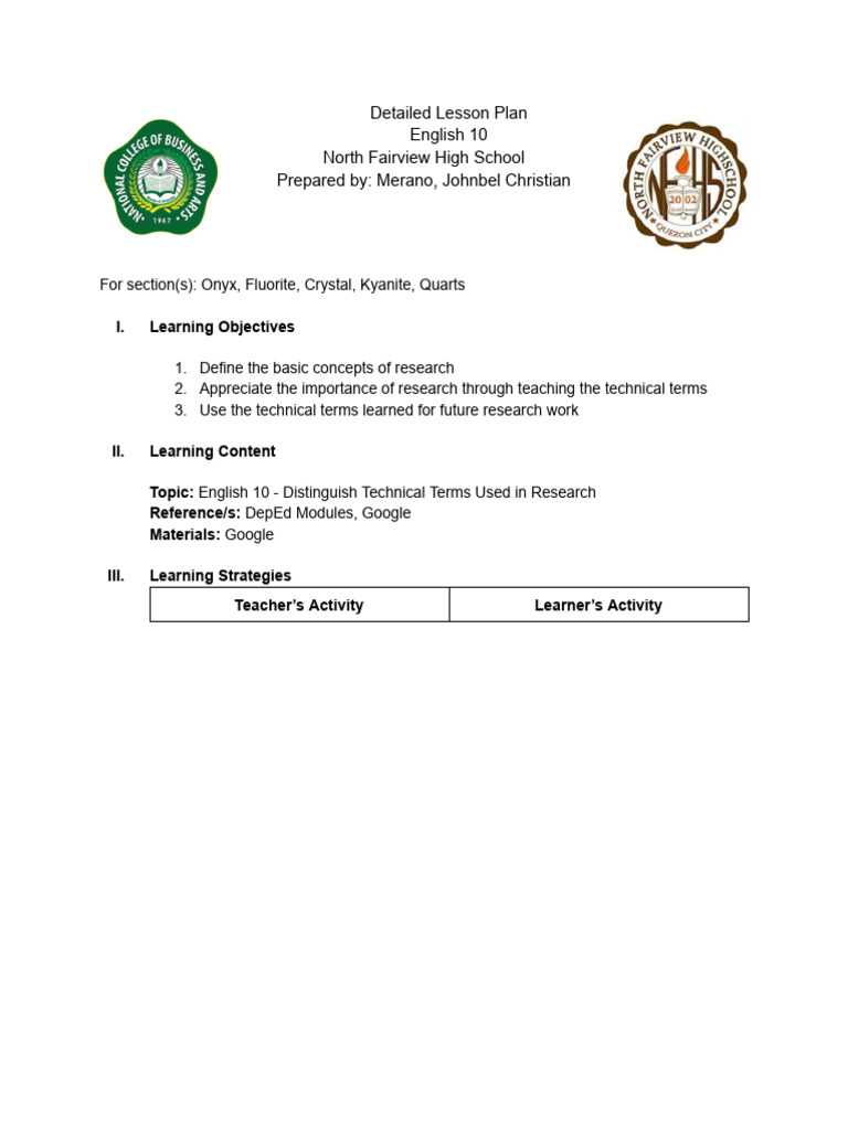 Detailed Lesson Plan (ENGLISH 10) | PDF | Information | Learning