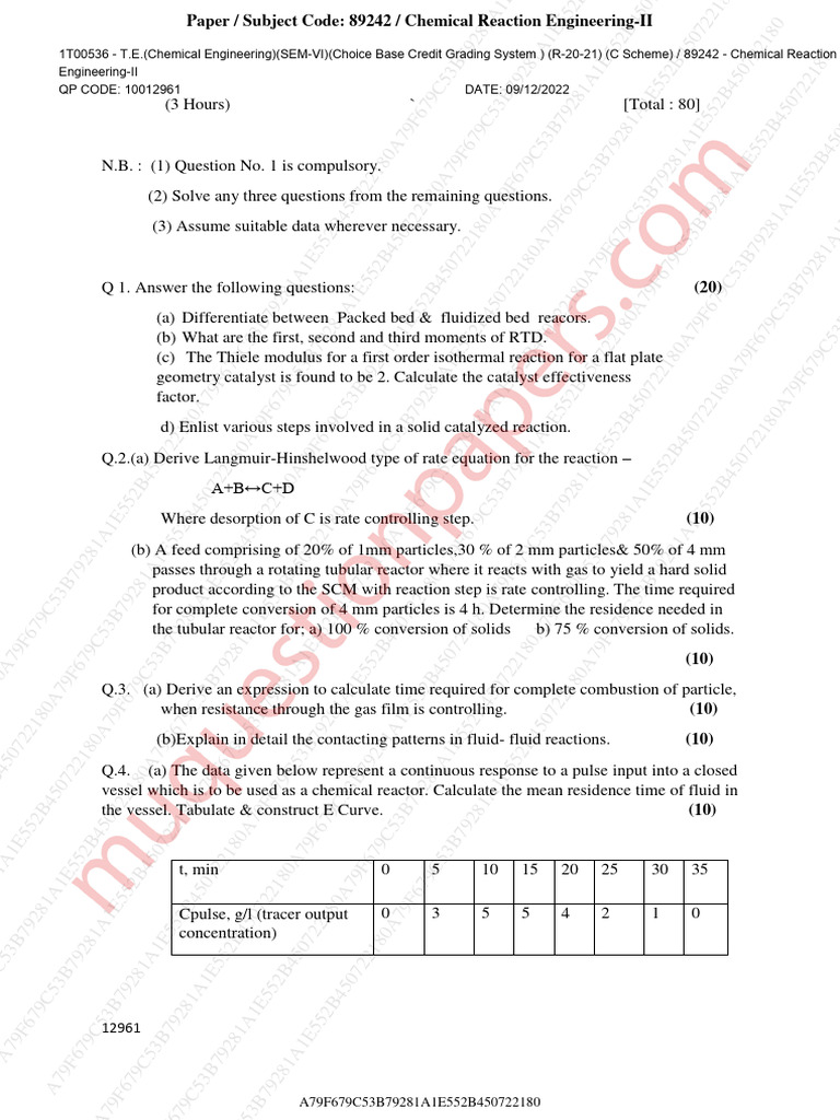 Be Chemical Engineering Semester 6 2022 December Chemical Reaction Engineering Iirev 2019 C ...