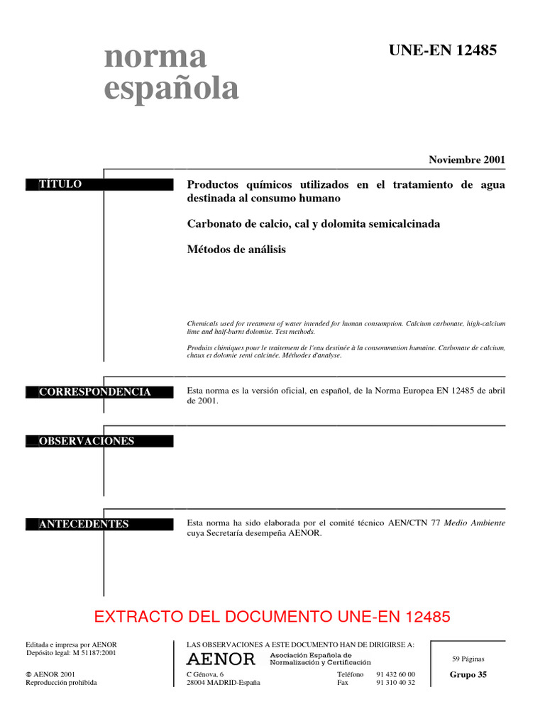 (EX)UNE-EN_12485=2001 | PDF | Agua | Laboratorios