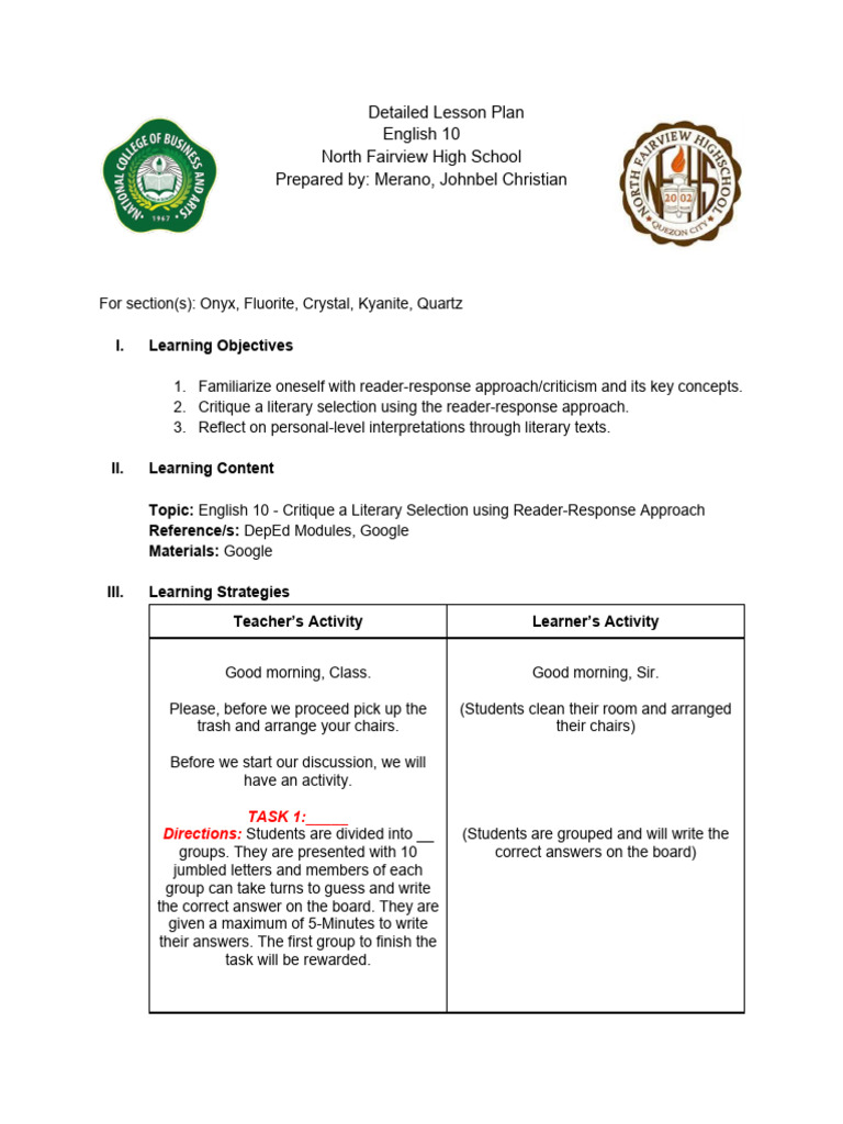 Reader-Response Lesson Plan for English 10 | PDF | Lesson Plan | Learning