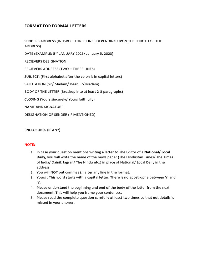 FORMAT FOR FORMAL LETTERS | PDF