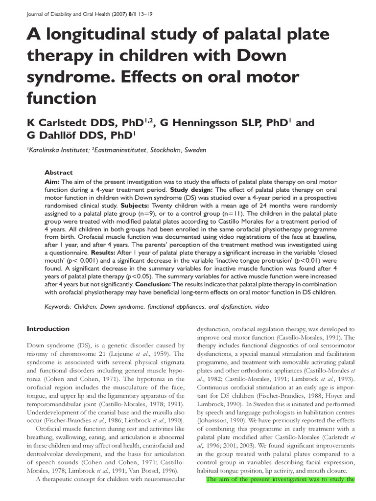 A Longitudinal Study of Palatal Plate Therapy in Children With Down ...