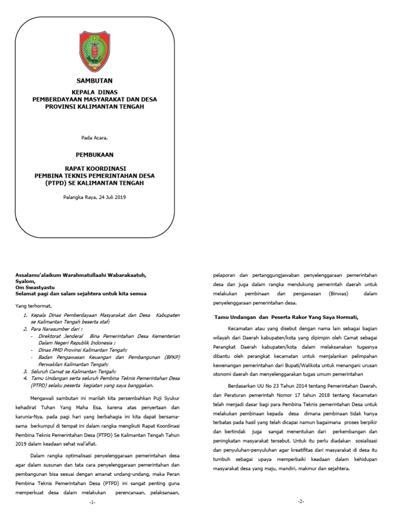 Sambutan Rakor PTPD | PDF