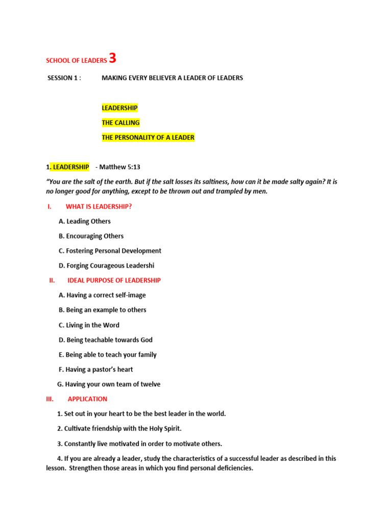 School of Leaders 3 Session 1 | PDF | Temperament | Fruit Of The Holy ...
