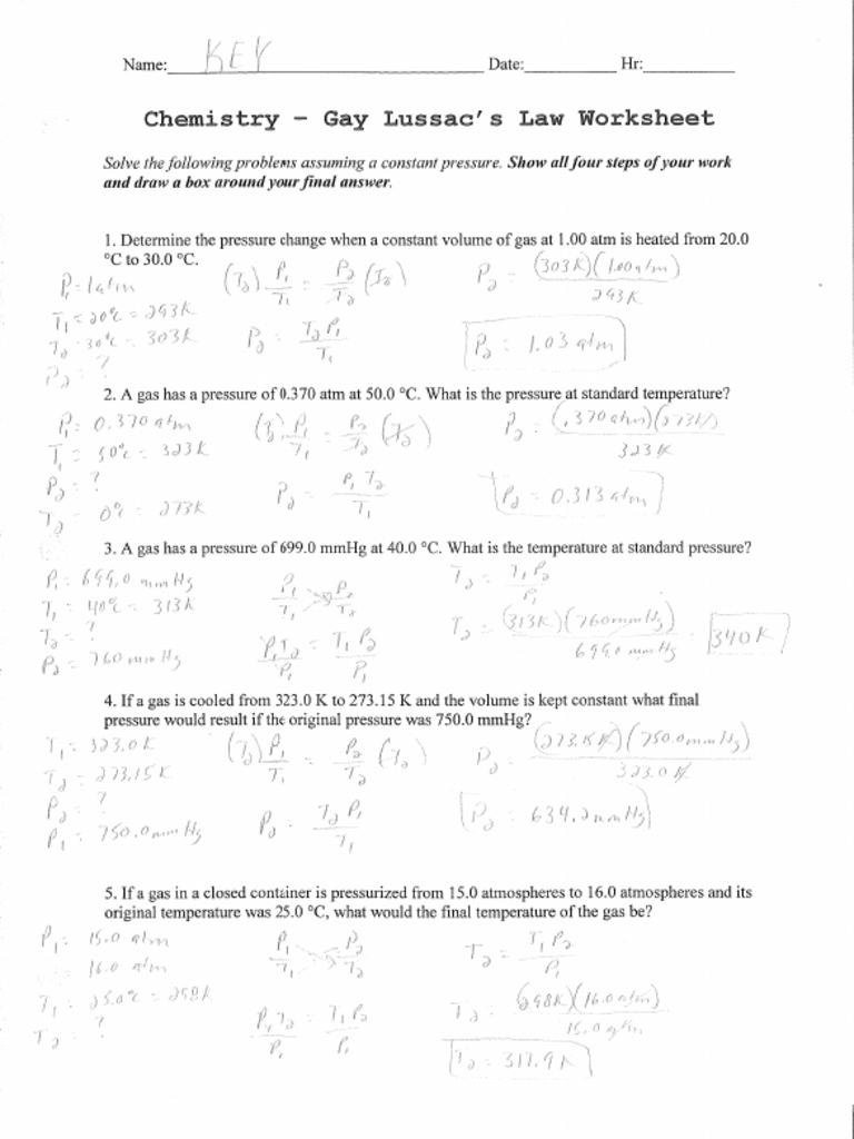 Gay Lussac Law Wksht Key | PDF