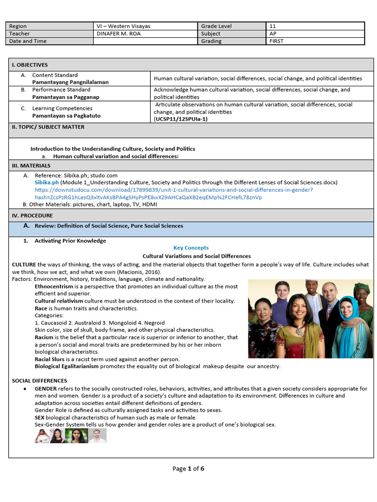 Ucsp Lesson Plan Week 1 | PDF | Gender | Gender Studies