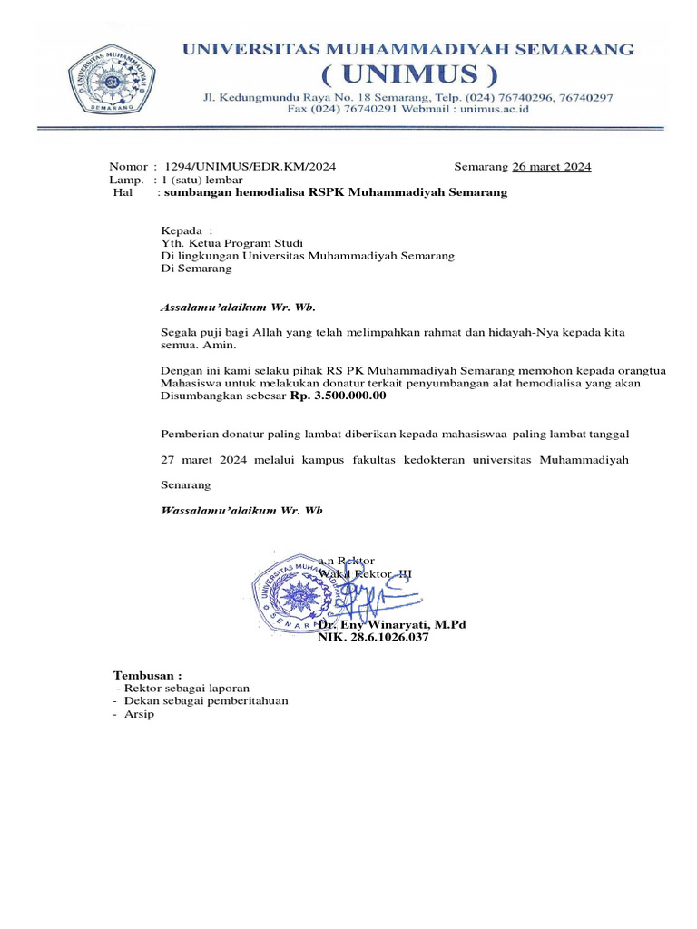 Surat Edaran Donatur FK UNIMUS | PDF